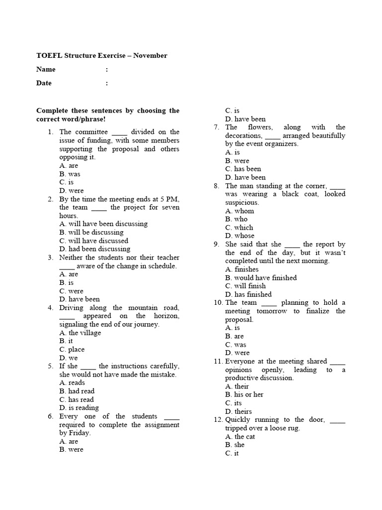 TOEFL Structure Exercise Practice | PDF
