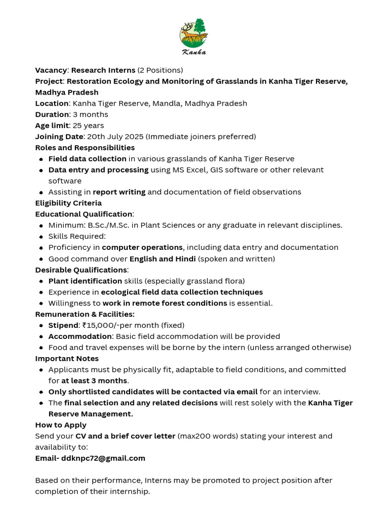 Research Interns Vacancy Kanha Tiger Reserve | PDF