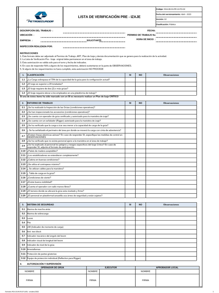 SSA.08.01.PR.12.FO.02 Lista de Verificacion Pre Izaje (v02) | PDF