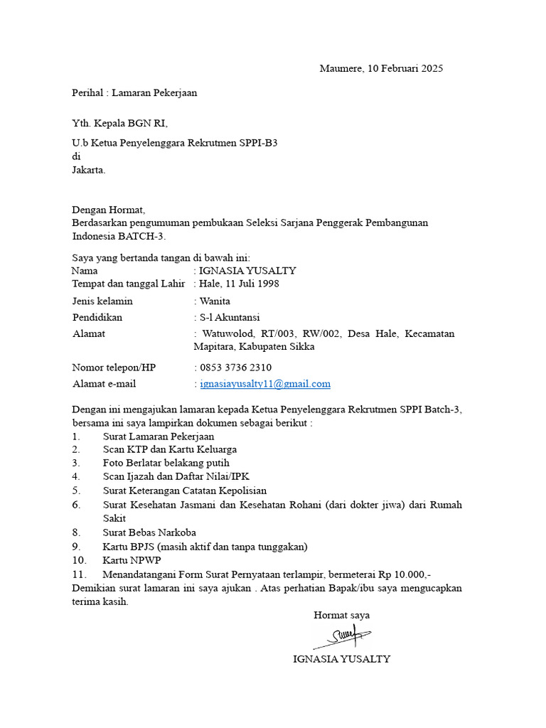 Surat Lamaran-Yusalty Lodan SPPI | PDF