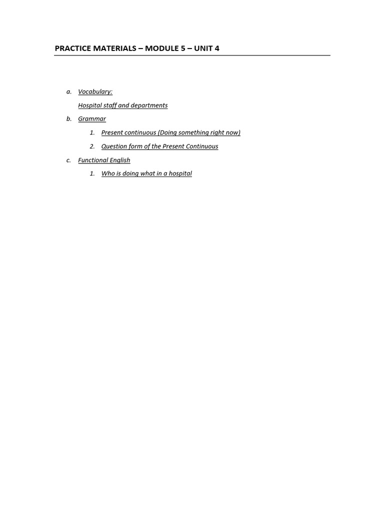Hospital Staff Vocabulary and Grammar Guide | PDF | Hospital | Pharmacy