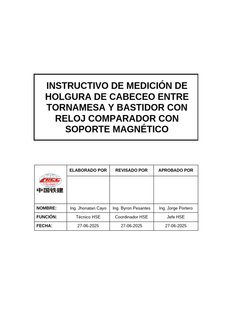 Instructivo de Medición de Holgura de Cabeceo Entre Tornamesa y ...