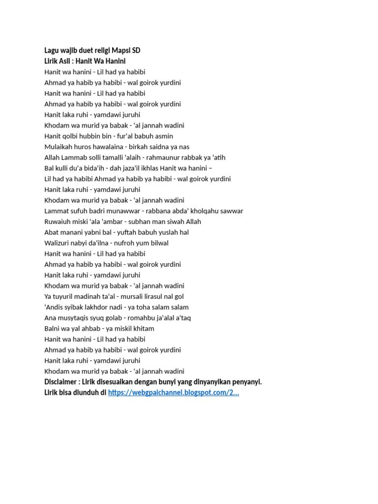 Lirik Lagu Wajib Duet Religi Mapsi SD | PDF