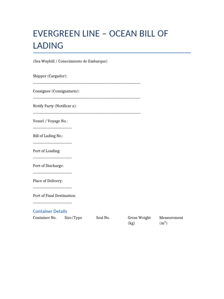 Bill of Lading Evergreen Format | PDF