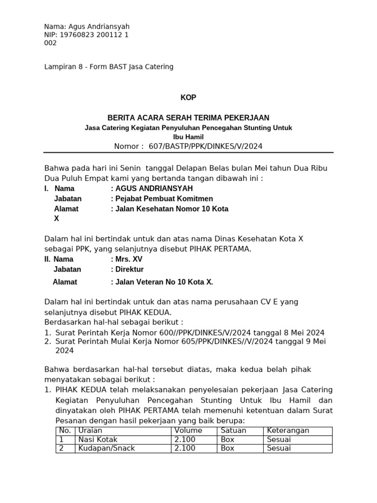 Berita Acara Serah Terima Catering Stunting | PDF