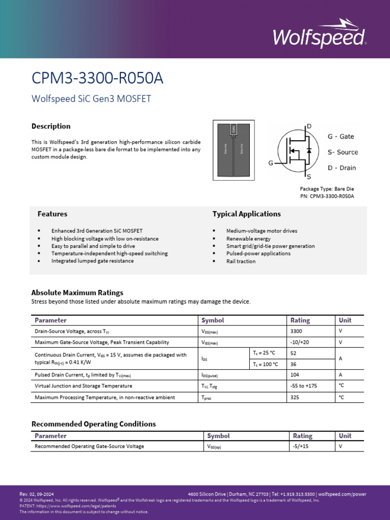 Wolfspeed Cpm3-3300-R050a Data Sheet | PDF | Diode | Mosfet