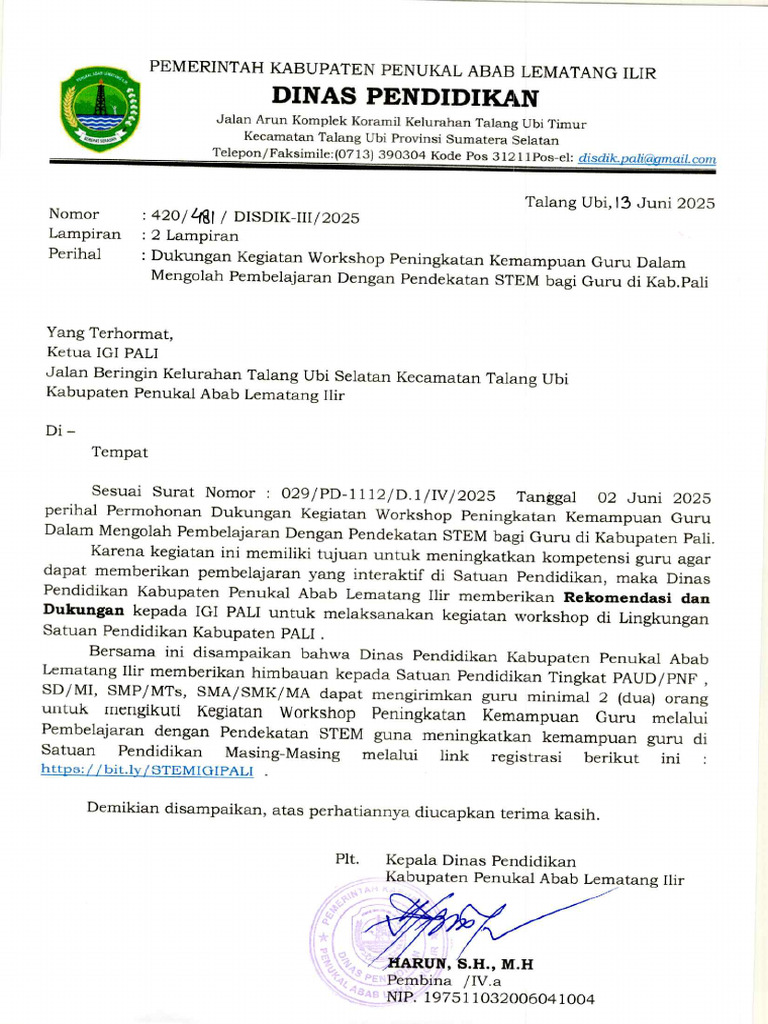 Surat Rekomendasi Kegiatan Workshop PKG Stem Tahun 2025 | PDF