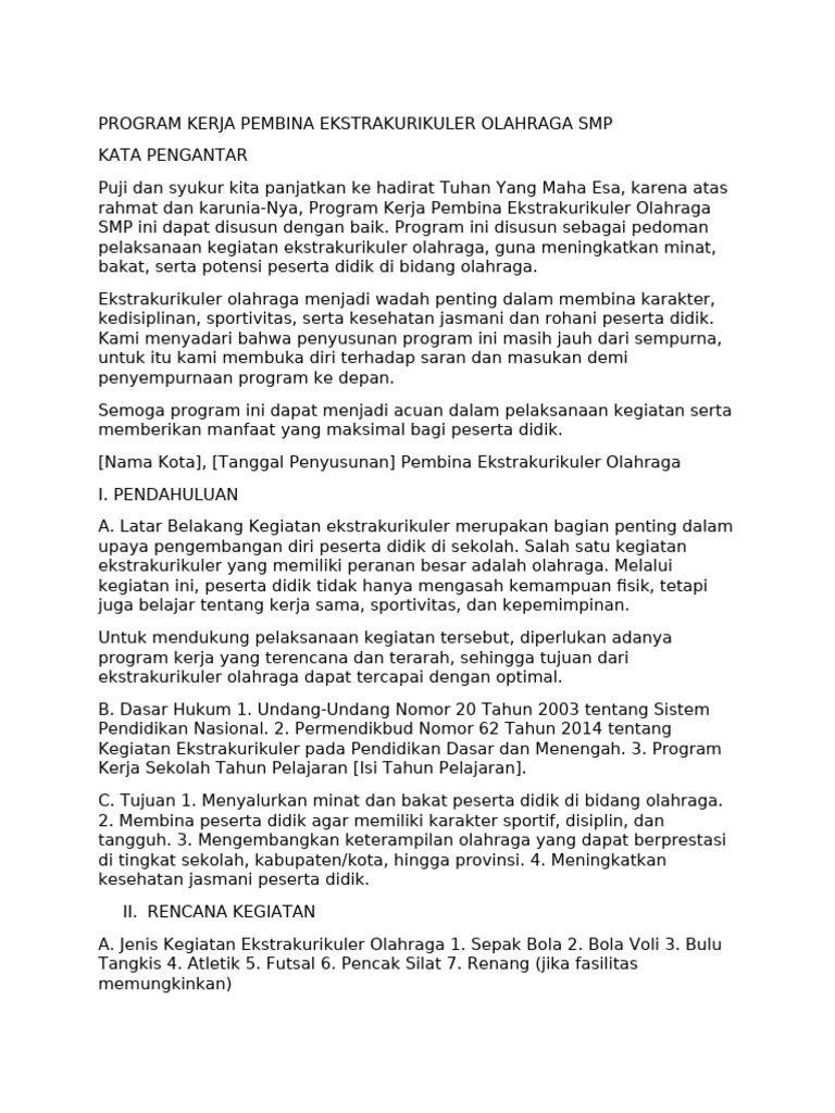 Program Kerja Ekstrakurikuler Olahraga SMP | PDF