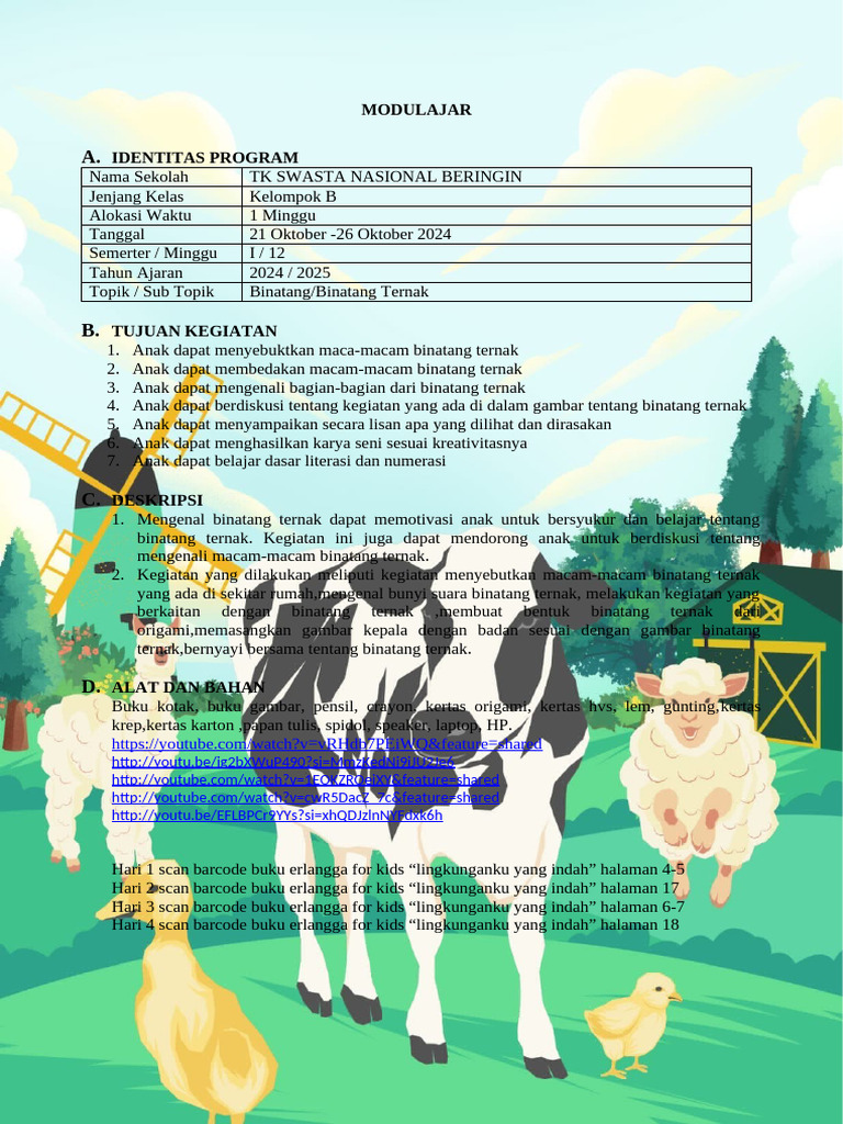 Modulajar Tema Binatang Subtema Binatang Ternak TK Nasional | PDF