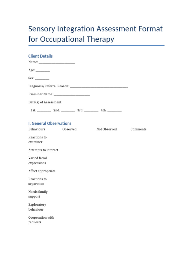 Sensory Integration Assessment Format | PDF | Sensory Processing ...