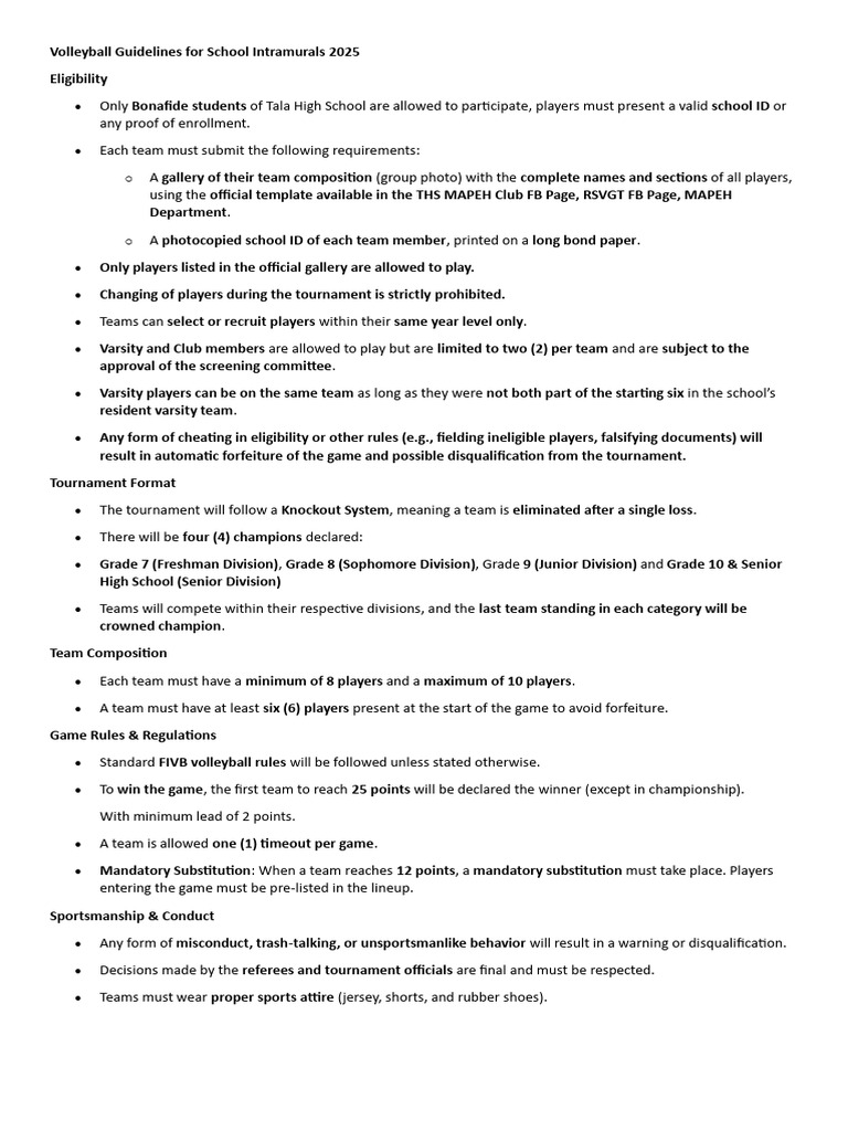 Intrams Guidelines For Volleyball | PDF | Sports | Sports Rules And Regulations