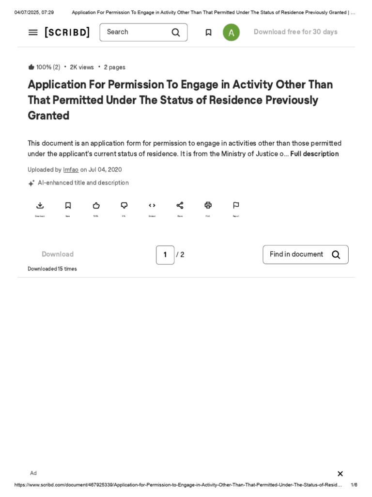 Application For Permission To Engage in Activity Other Than That ...