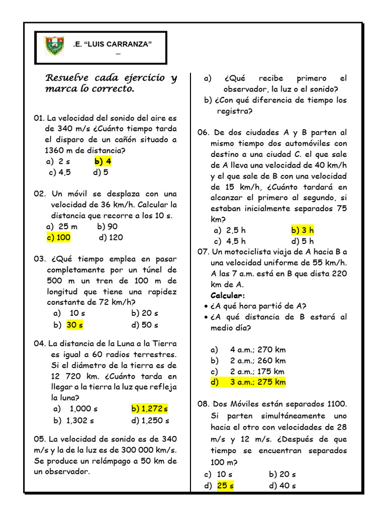 Ejercicios de MRU y velocidad | PDF