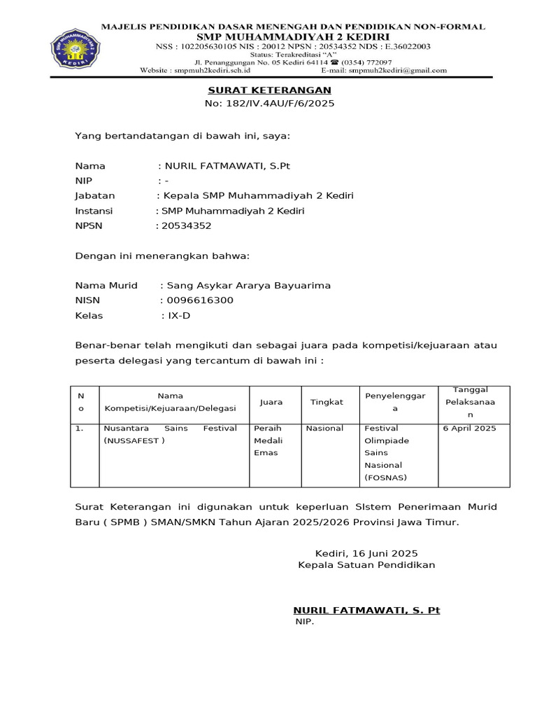 Surat Keterangan Prestasi | PDF