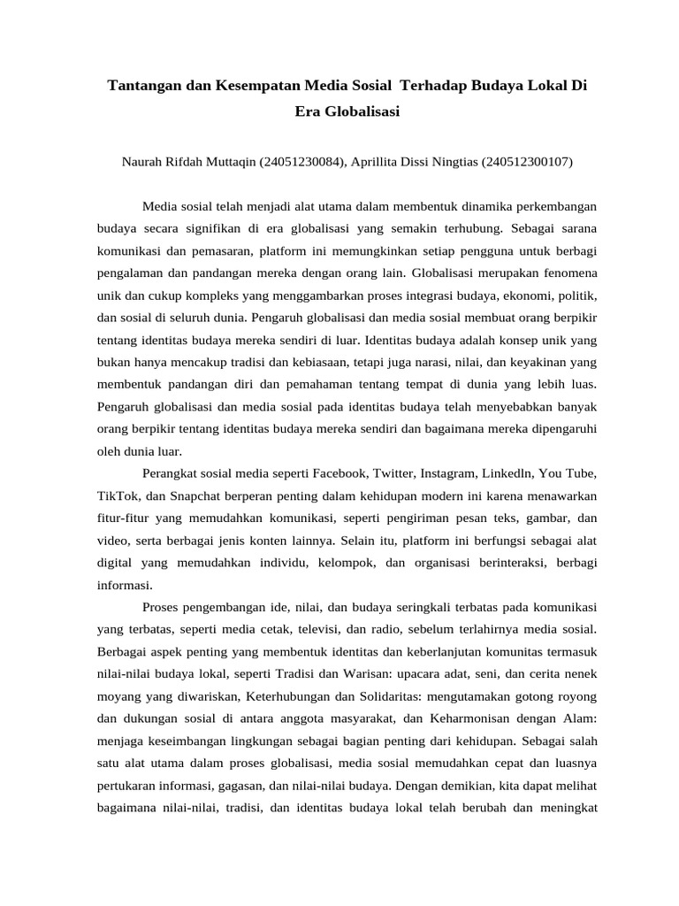 Tantangan Dan Kesempatan Media Sosial Terhadap Budaya Lokal Di Era Globalisasi | PDF