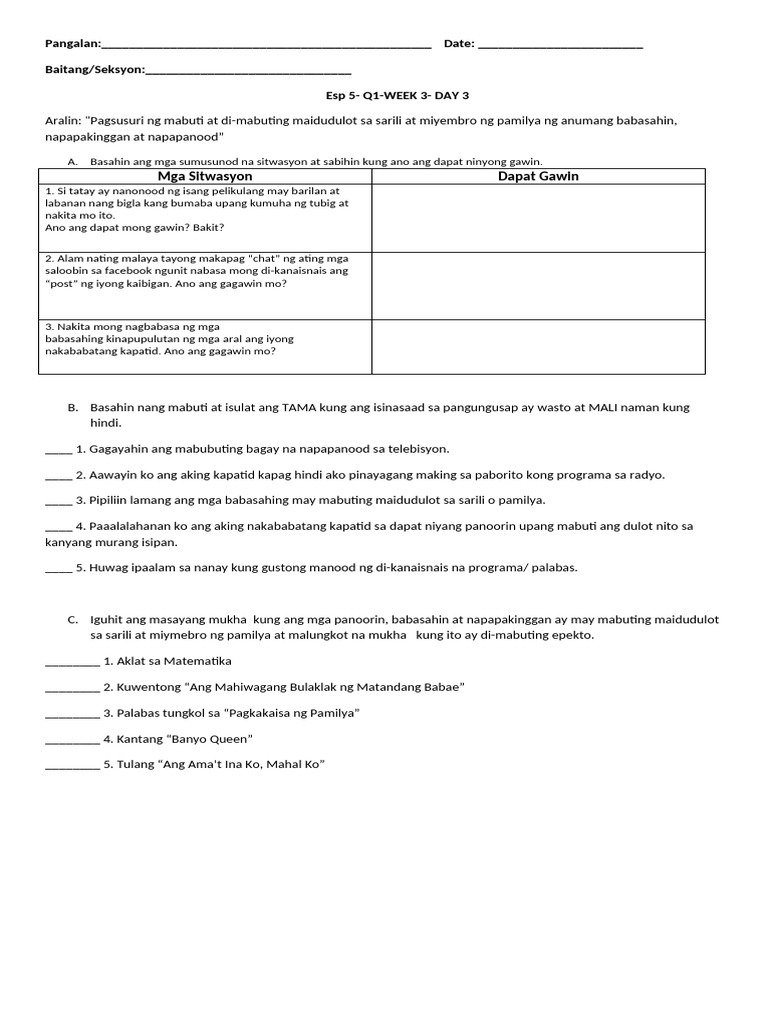 Esp 5-Worksheet Day 3-5 | PDF