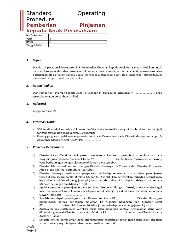Draft SOP Peminjaman Dana Untuk Anak Perusahaan | PDF