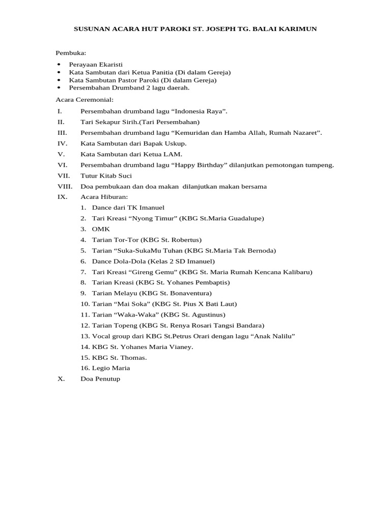 Susunan Acara Hut Paroki St. Joseph | PDF