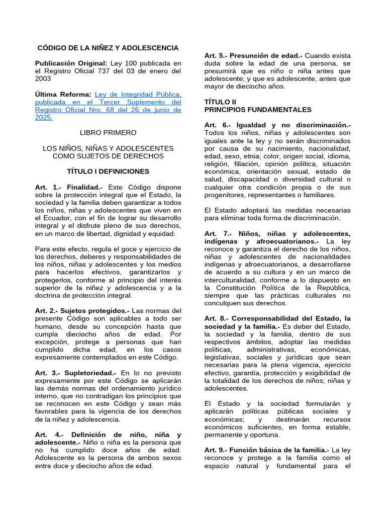 Codigo de La Ninez y Adolescencia 2025 Normativa Portal | PDF | Privacidad | Invalidez