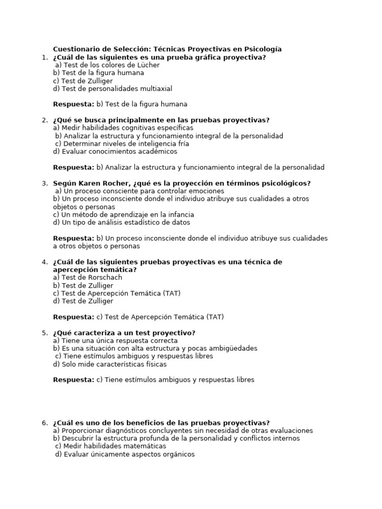 Cuestionario Pruebas Proyectivas | PDF | Sicología | Percepción