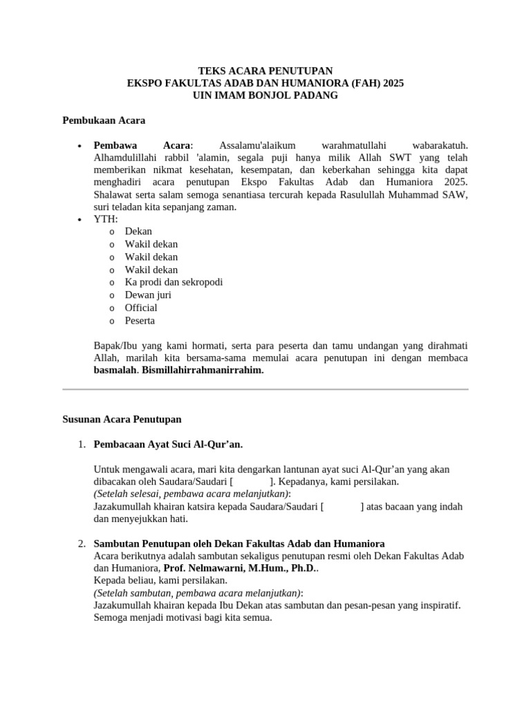 Draft Teks Acara Penutupan Expo 2025 | PDF