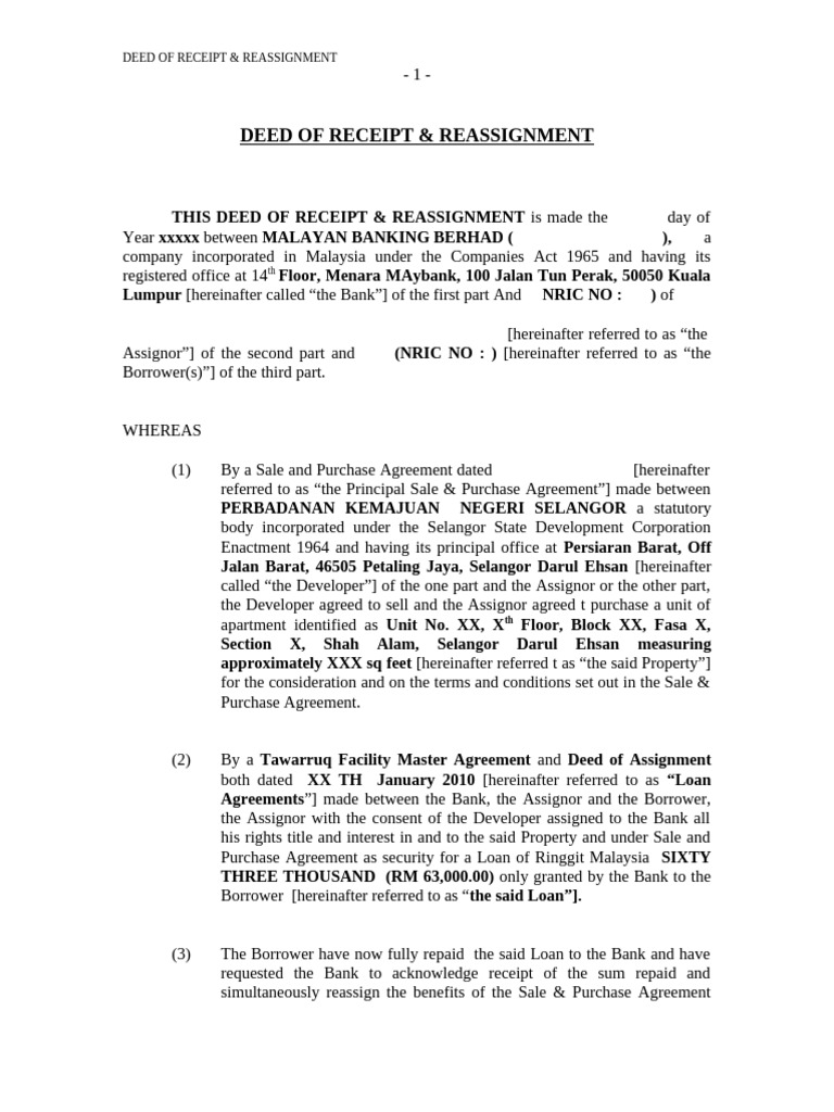 Deed of Receipt & Reassignment | PDF | Property Law | Civil Law (Common Law)
