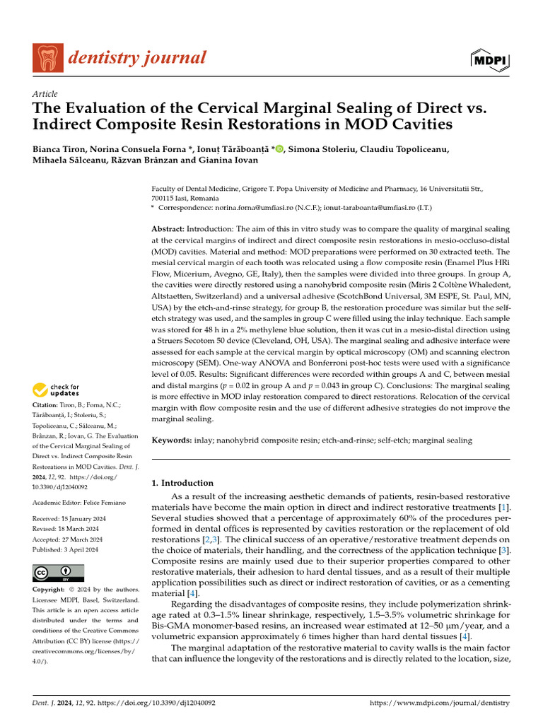 The Evaluation of The Cervical Marginal Sealing of Direct vs. Indirect ...