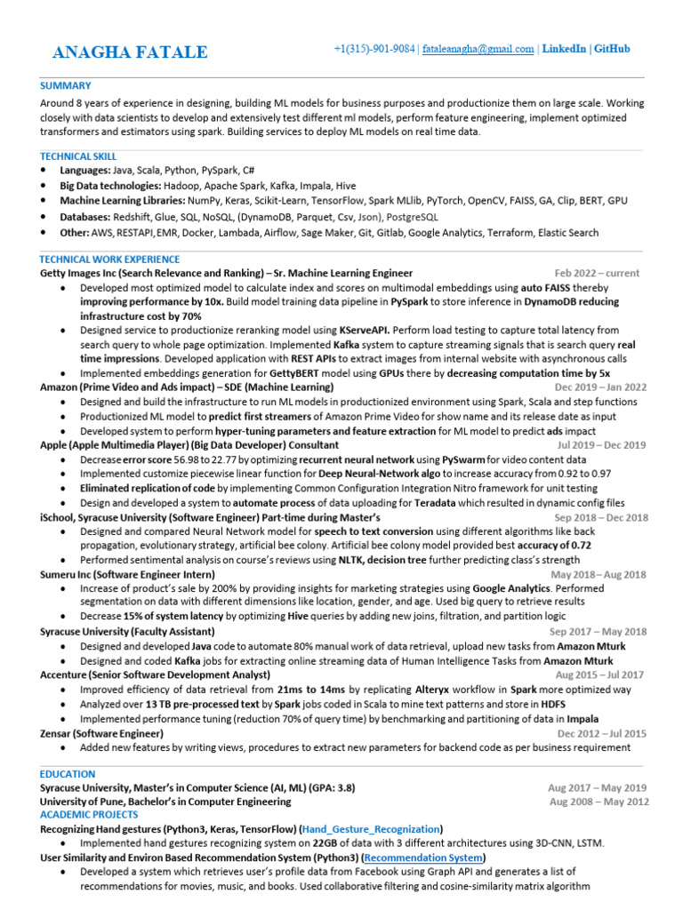 ML Engineer Resume: Anagha Fatale | PDF | Apache Spark | Computer Science