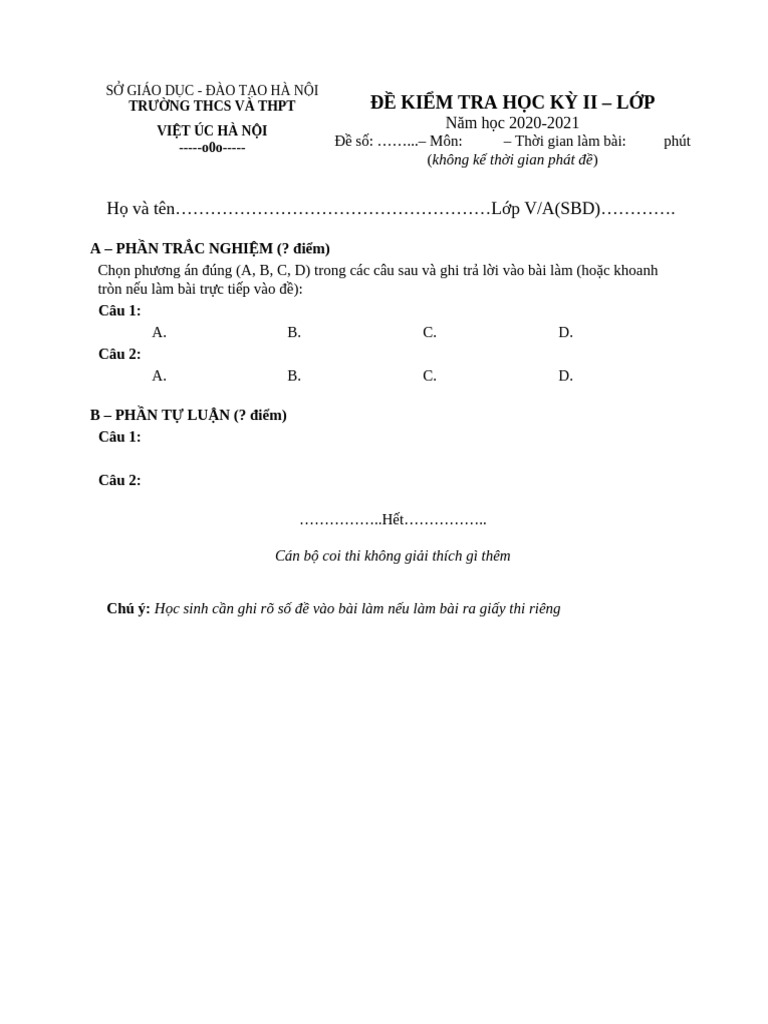 De Thi Hkii Nam Hoc 2020-2021 | PDF