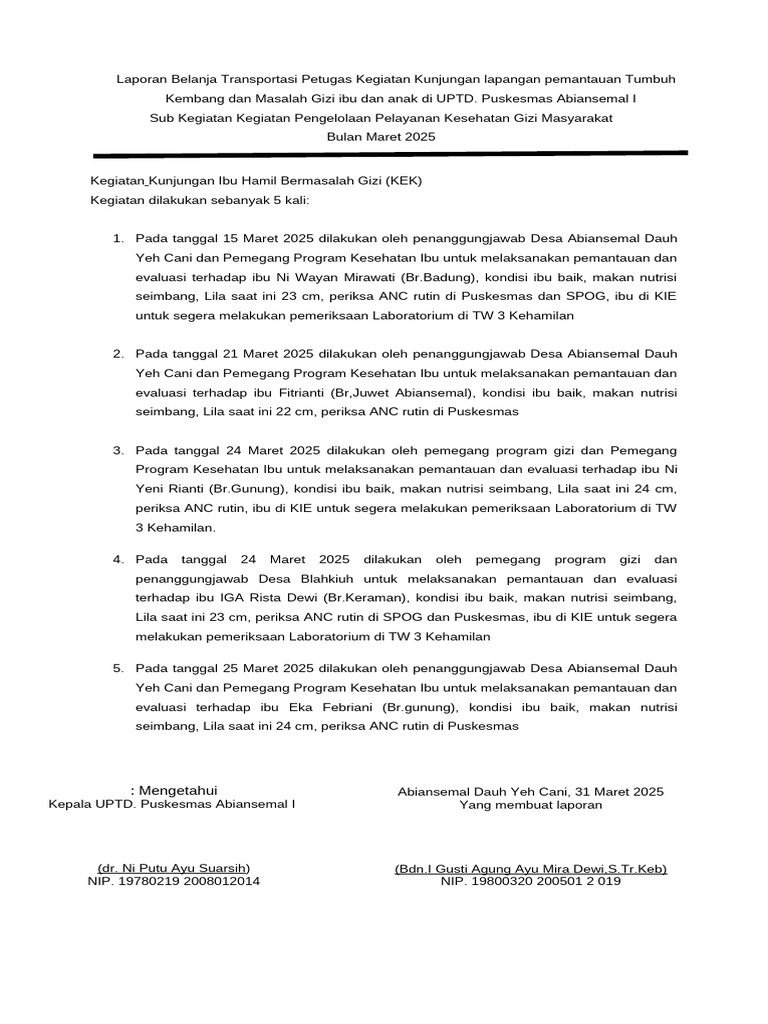 Laporan Dan Dokumentasi KUNJ BUMIL KEK | PDF