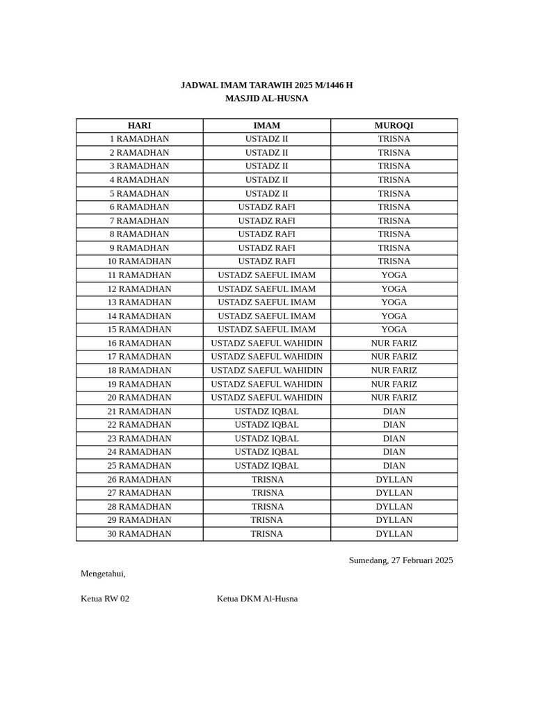 Jadwal Imam | PDF