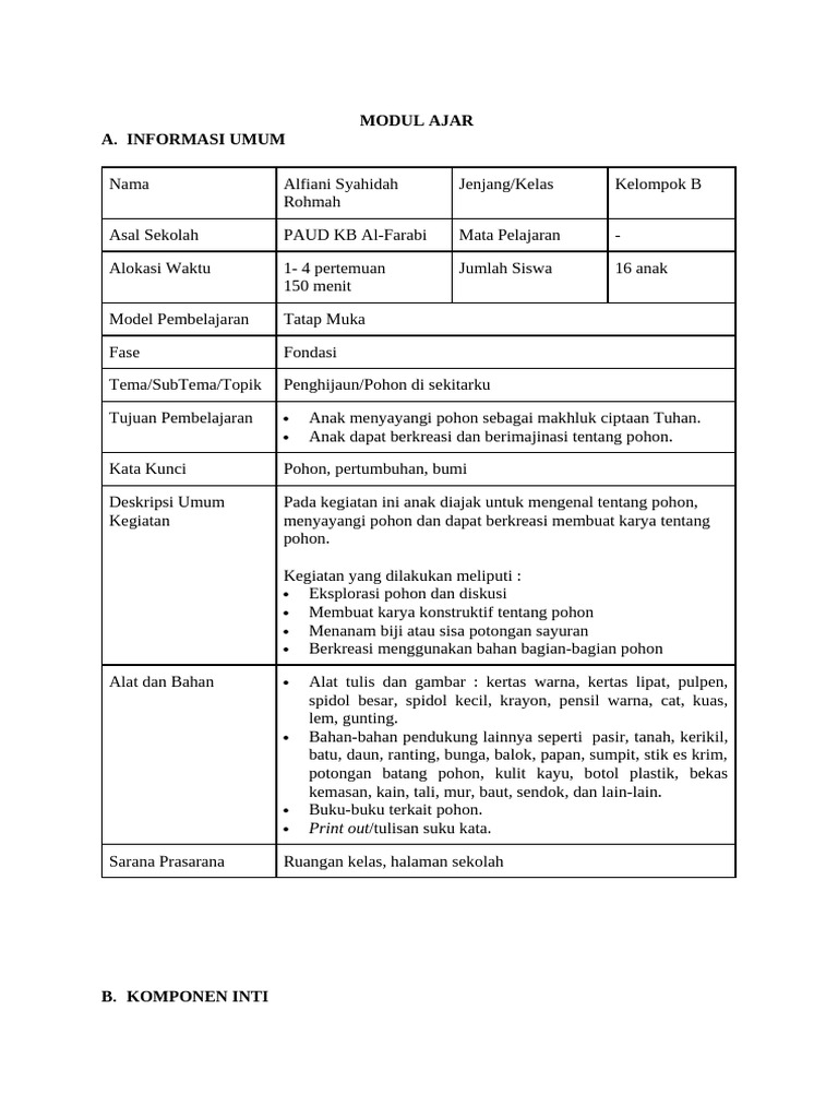 Modul Ajar Topik Penghijauan Sub Topik Pohon Di Sekitarku | PDF