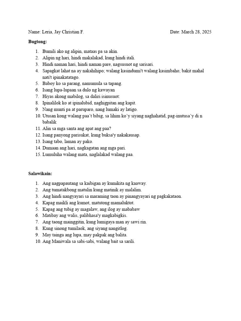 Bugtong at Salawikain Sa Filipino | PDF