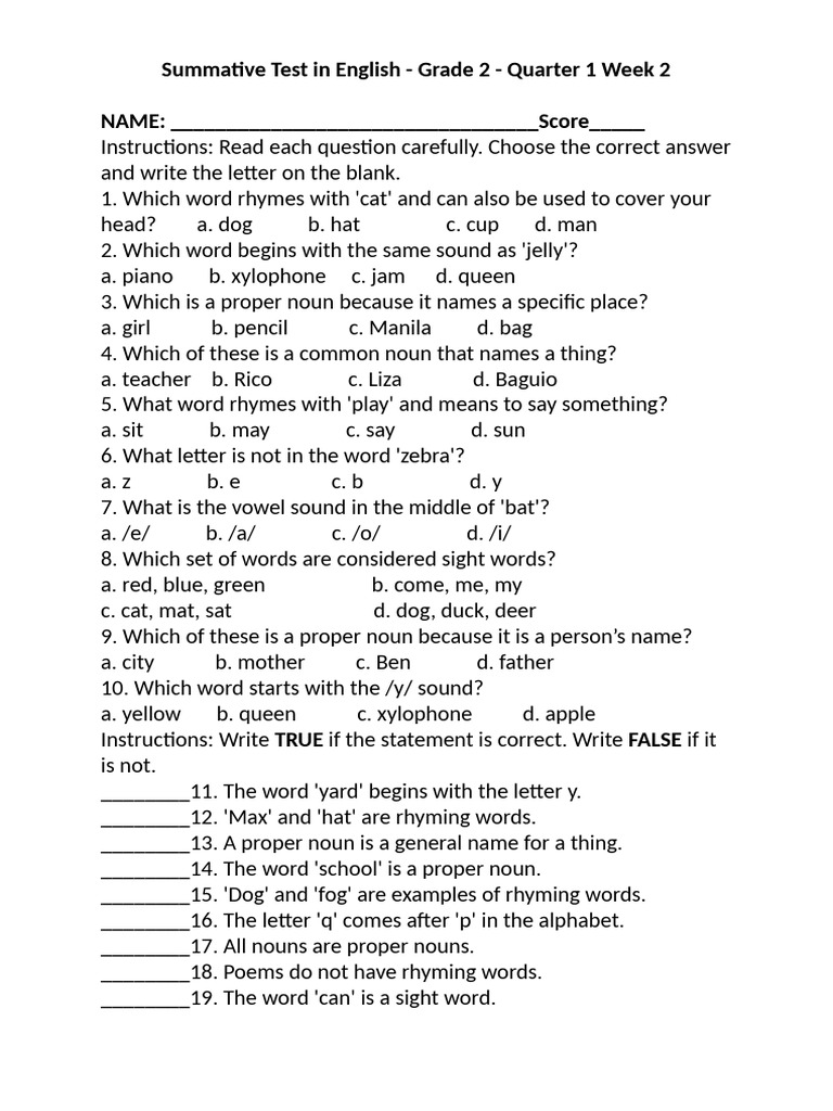 Grade 2 English Summative Test | PDF | Linguistics