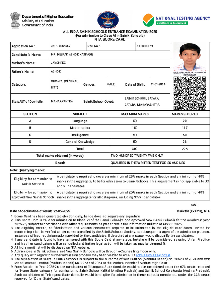 All India Sainik Schools Entrance Exam - Aissee - 2025 - India | PDF