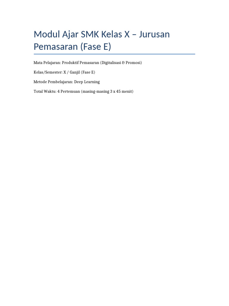 Modul Ajar Pemasaran X Fase E Pertemuan Lengkap | PDF