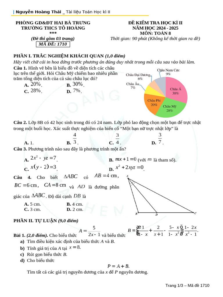Toán 8 - Bộ Đề Ôn Thi HK2-CD - Đề Số 1 | PDF