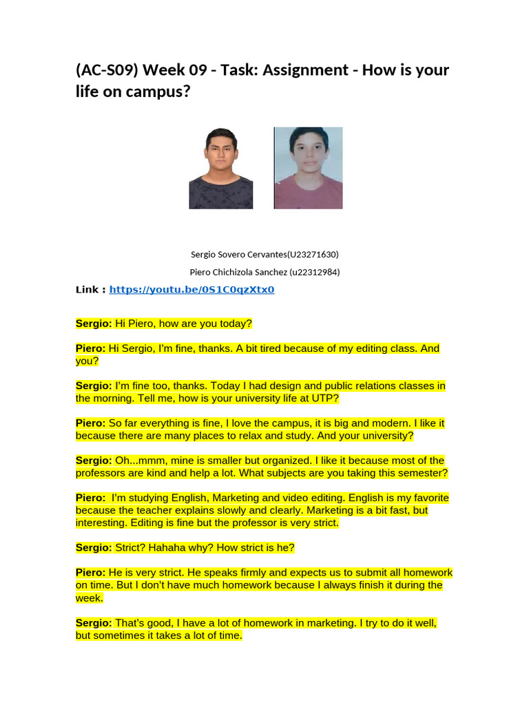 (AC-S09) Week 09 - Task: Assignment - How Is Your Life On Campus? | PDF