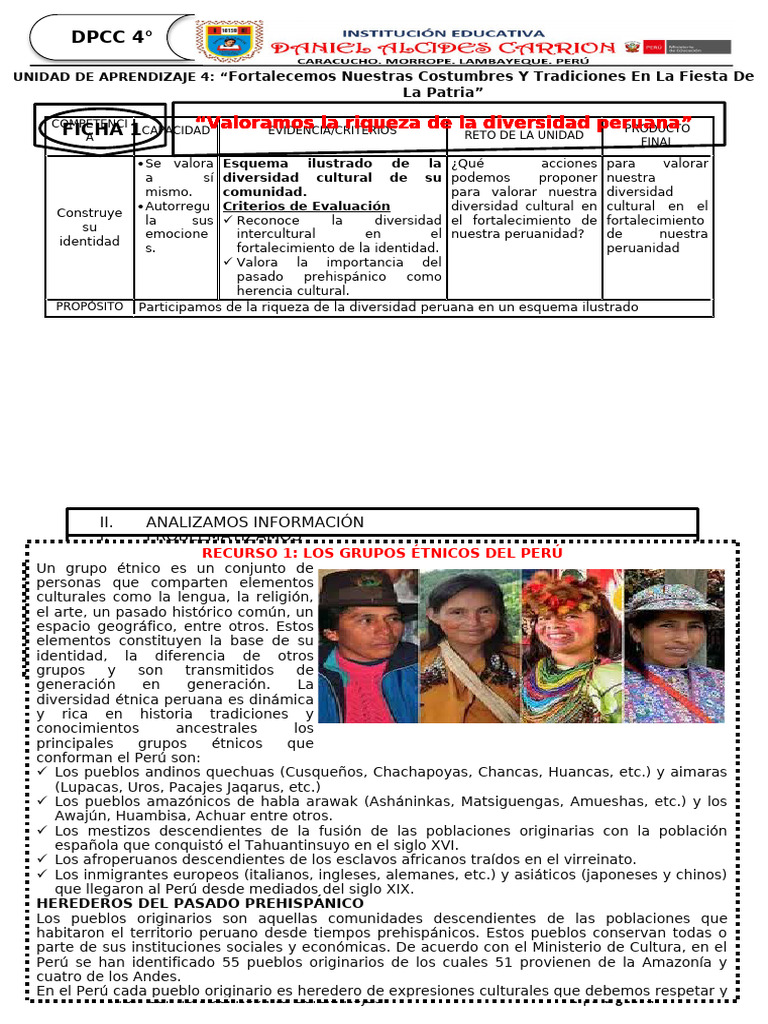 4° Ficha 1 - Unidad 4-DPCC 2025 | PDF | Perú | Multilingüismo