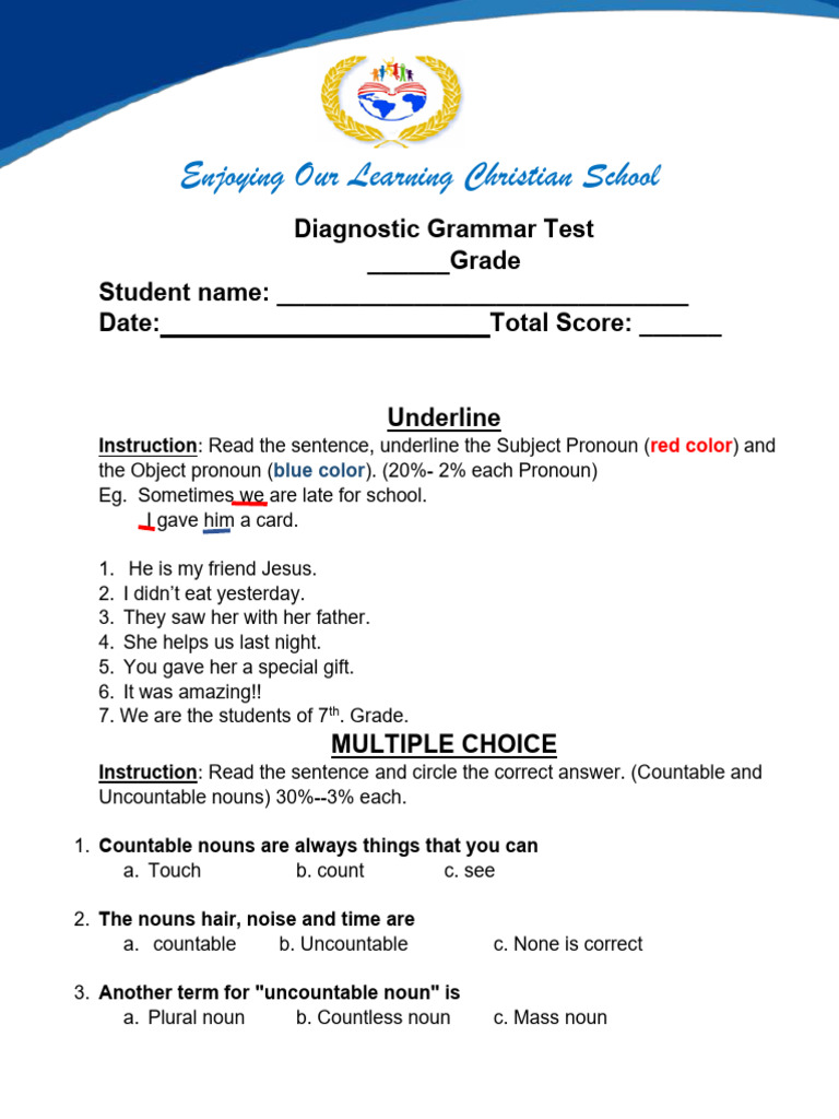 Diagnostic Grammar Test 7th. Grade With Answers | PDF | Noun | Plural