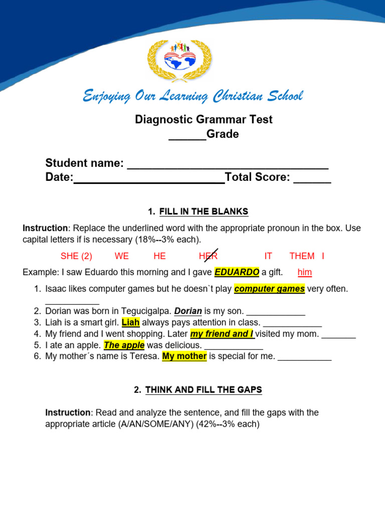 Grade 3 Grammar Diagnostic Test | PDF | Linguistics