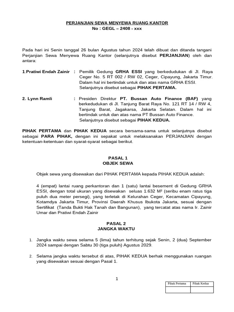 Perjanjian Sewa Ruang Kantor GRHA ESSI | PDF