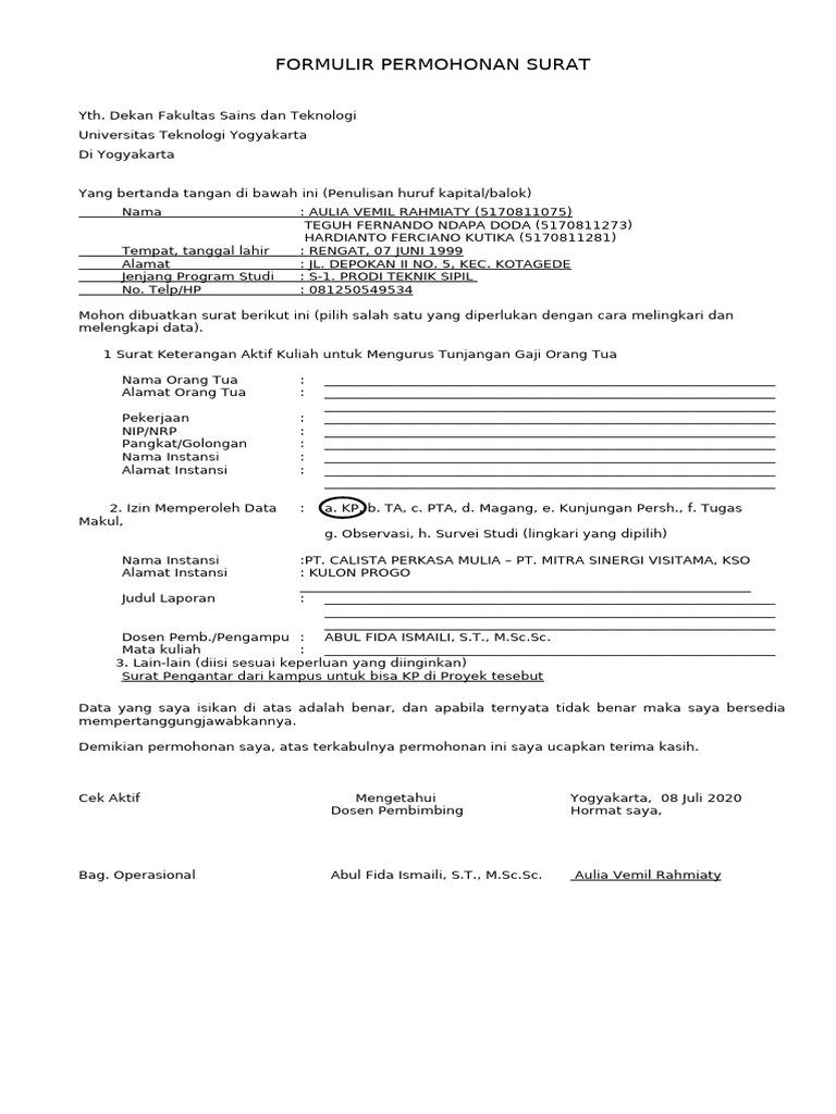 Formulir Permohonan Surat KP | PDF
