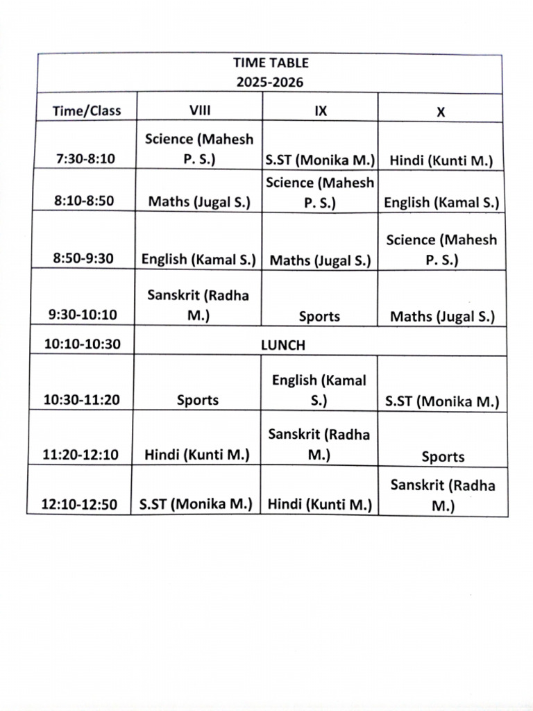 8 To 10 Class Time Table | PDF