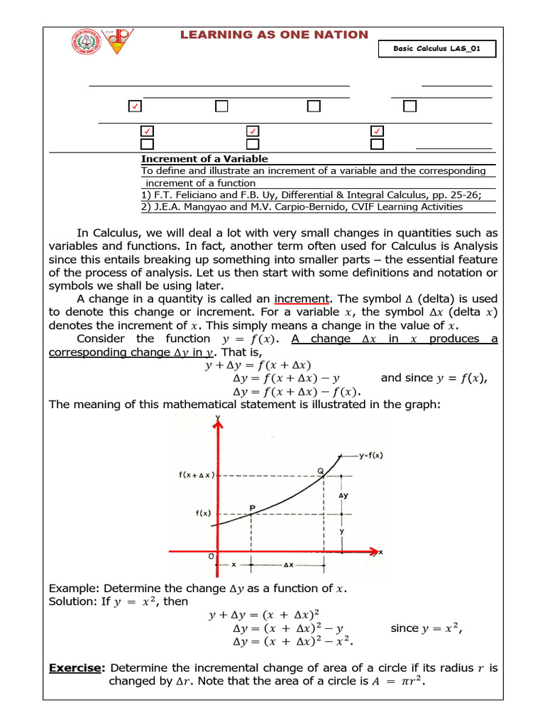 Basic Calculus LAS 1 Increment of A Variable | PDF | Function (Mathematics) | Variable (Mathematics)