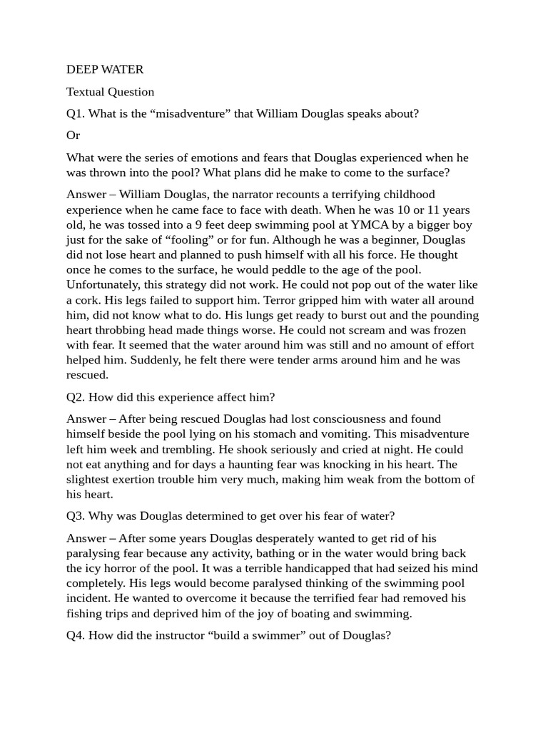 Deep Water Questions | PDF | Swimming | Fear
