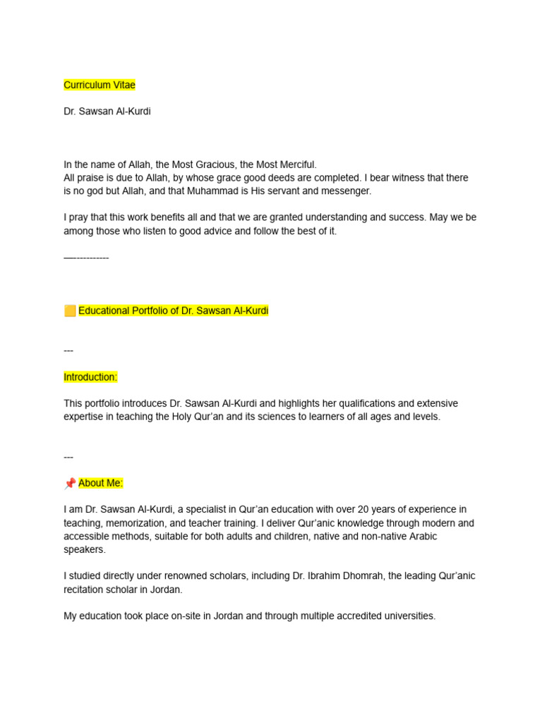 Curriculum Vitae Dr. Sawsan Al-Kurdi | PDF | God In Islam | Quran