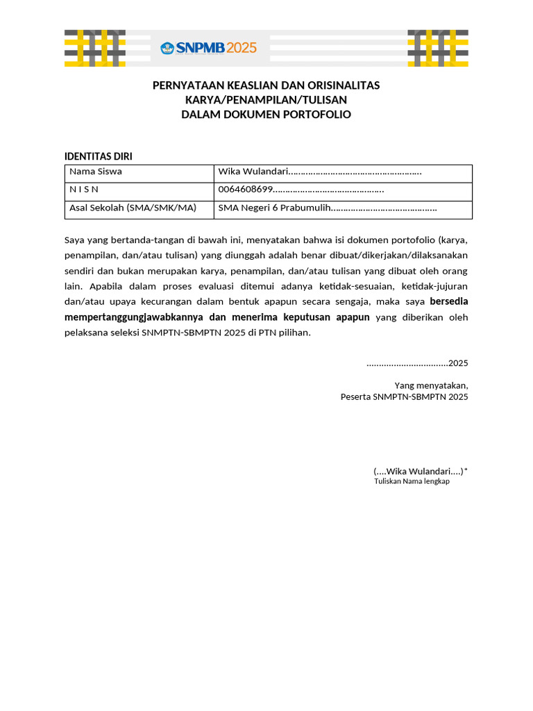 Template Pernyataan Peserta 2025 | PDF