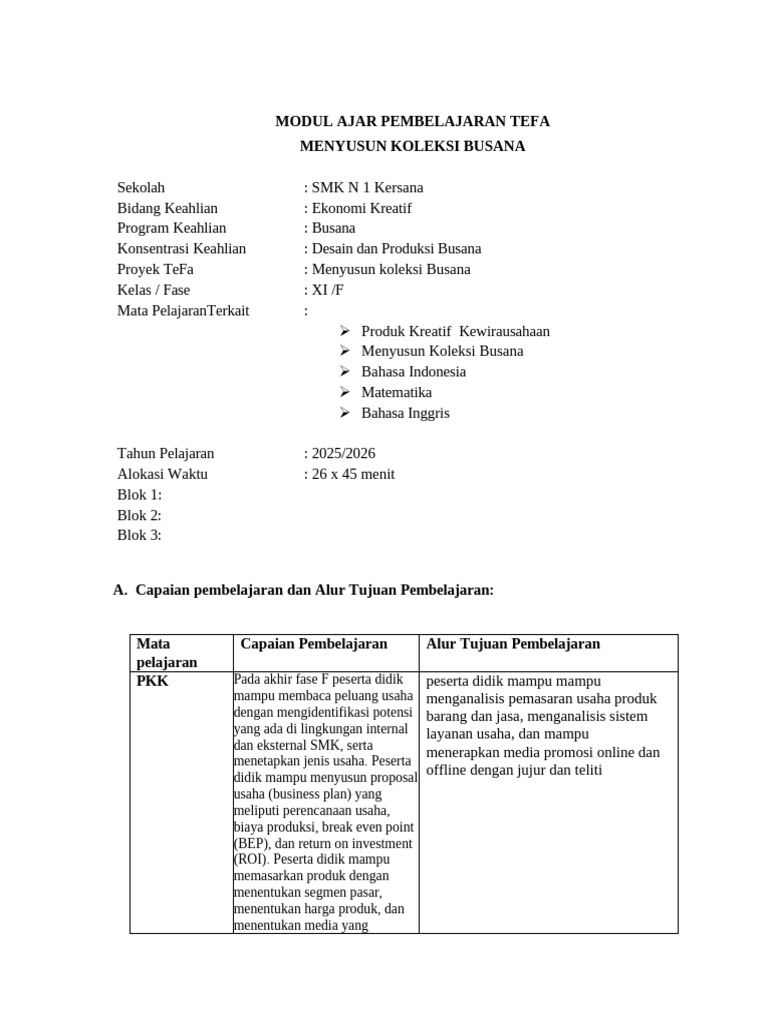 Modul Ajar Menyusun Koleksi Busana - Tefa | PDF