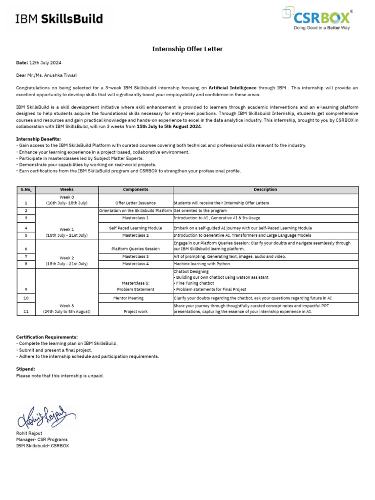 IBM Skillsbuild - AI Internship Offer Letters | PDF | Artificial ...